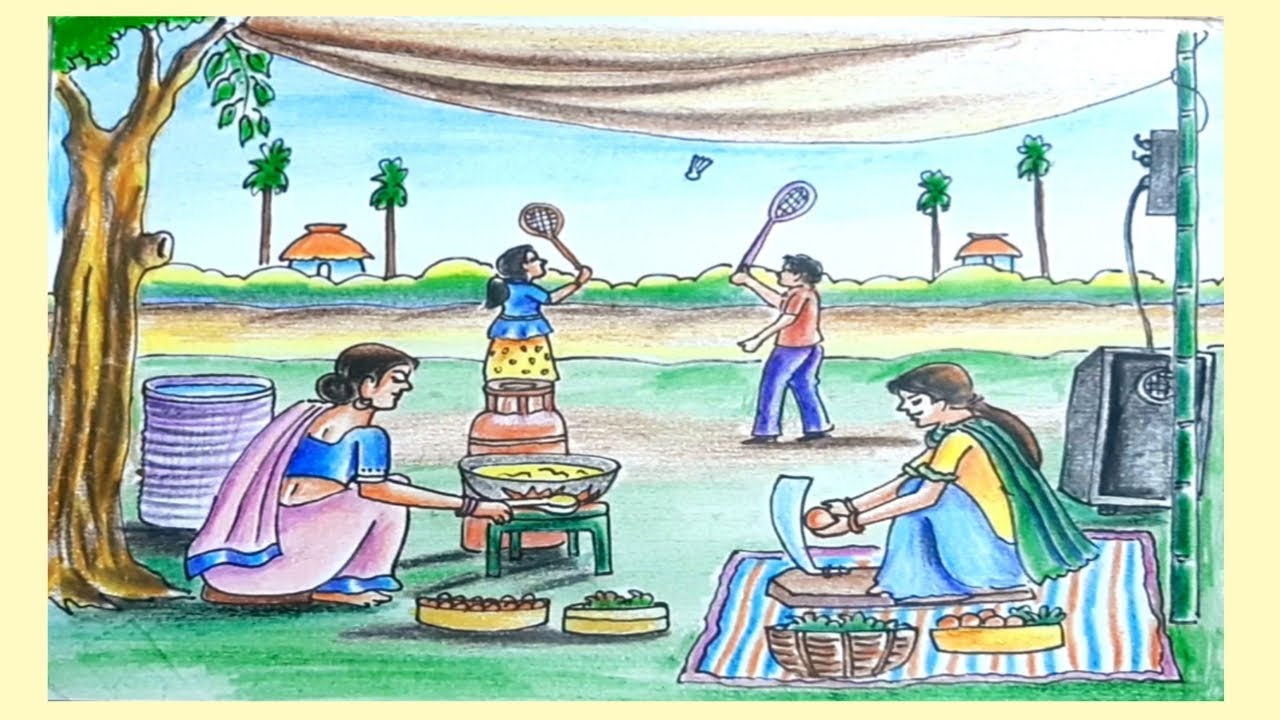 How to draw a picnic scenery ll village picnic scenery drawing with ...