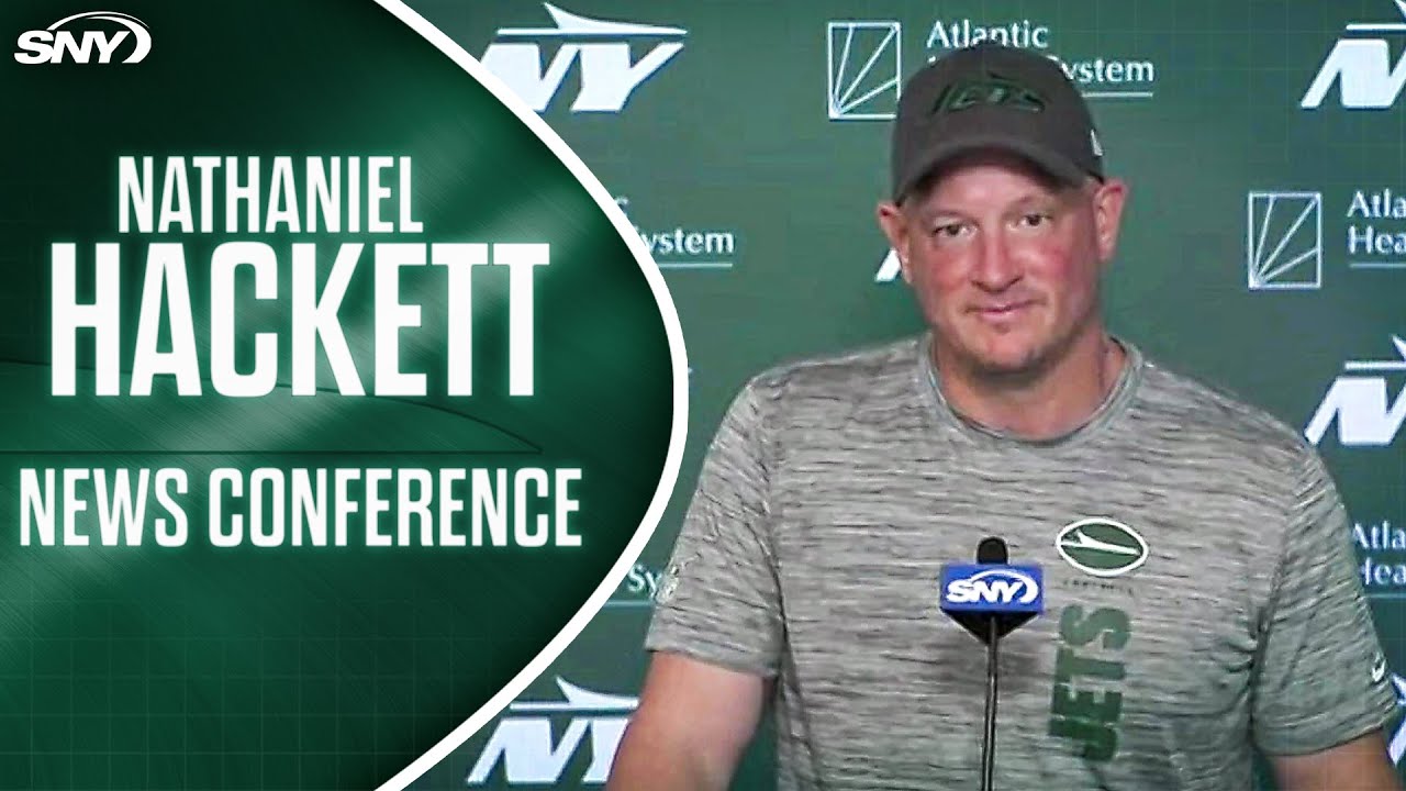 Nathaniel Hackett on relationship of Aaron Rodgers and Garrett Wilson at Jets training camp ...