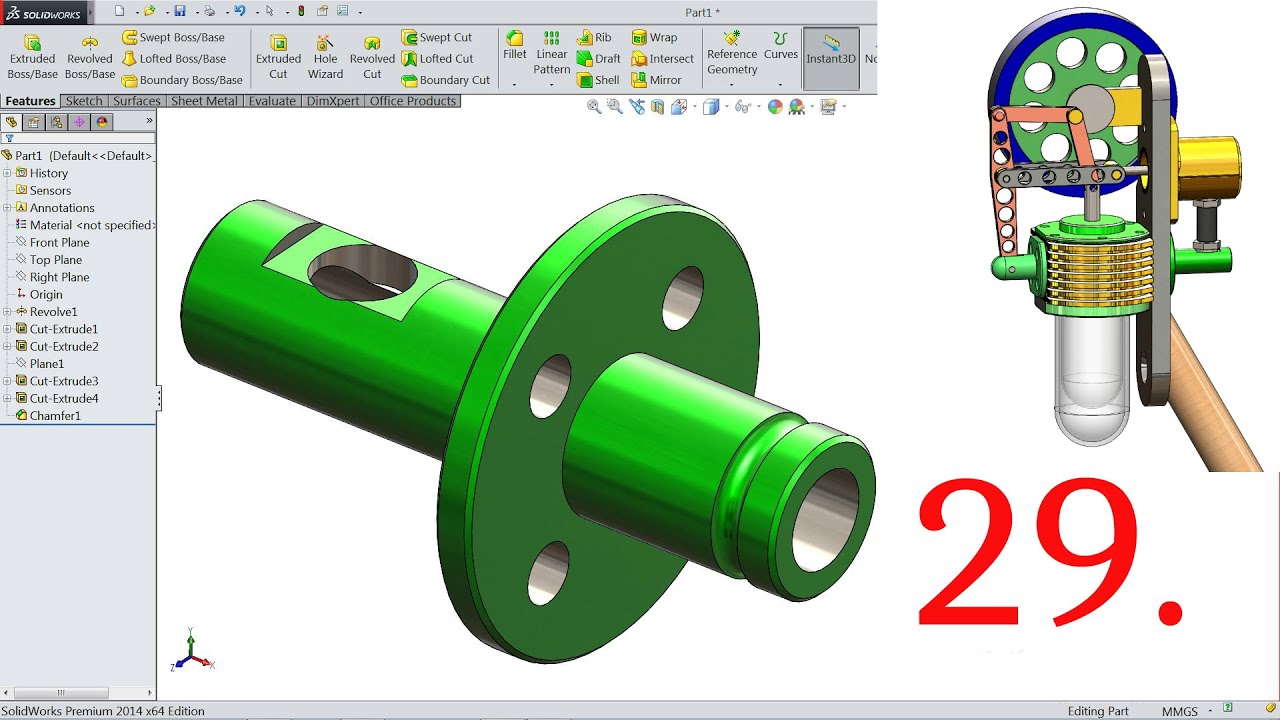 SolidWorks Tutorial Vertical Stirling Engine 29.Flowshaft - YouTube