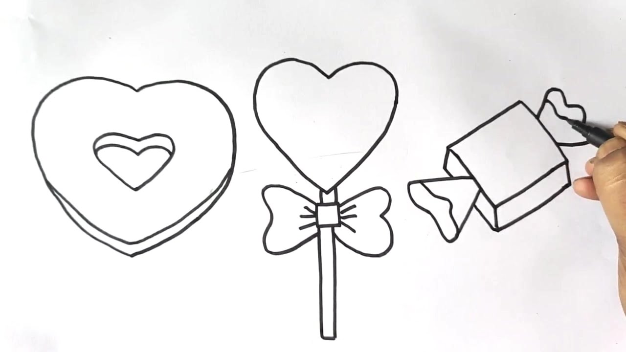 How to draw Heart, Candy, Cake | Heart, candy, cake drawing coloring ...