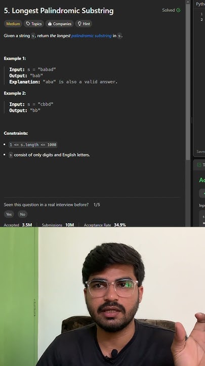 Longest Palindromic Substring | Leetcode 5 | Tamil | Python | KarthiStucksAtCode - YouTube