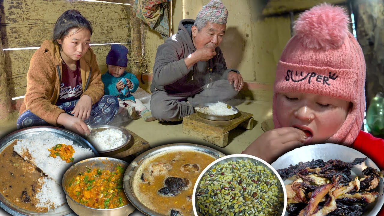 Buff dry meat and Small Beans Lentils Curry with Spicy Pickle || Rural ...