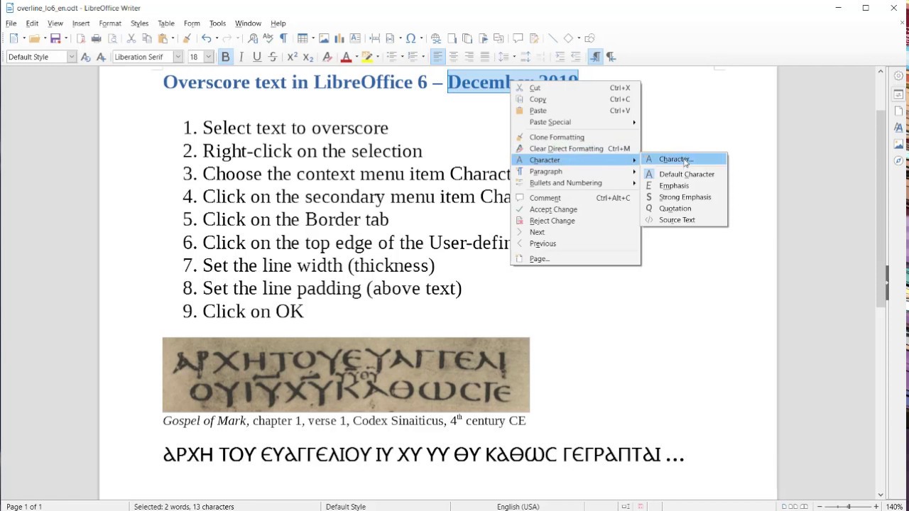 Overscore text in LibreOffice 6 - YouTube