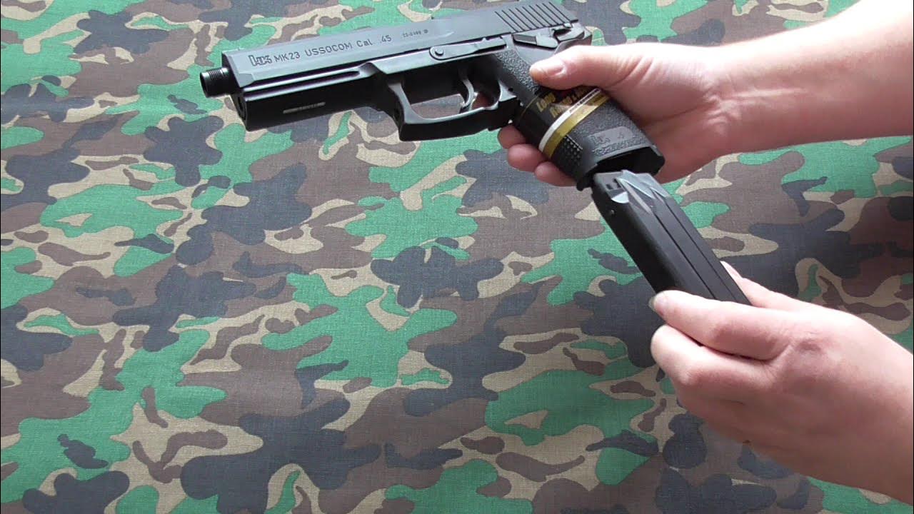 Tokyo Marui H&K Socom Mk23 spring + silencer & chrono new. - YouTube