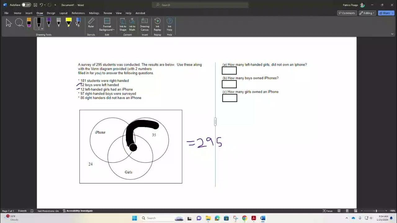 3-Circle Venn Diagram Problem (left/right handed, girls/boys, iphone) - YouTube