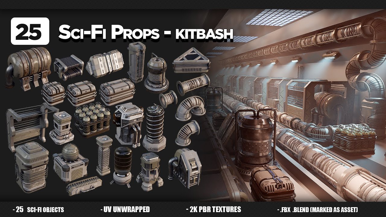25 Sci-Fi Props - kitbash - Vol 10 (Blender + FBX + 2k PBR Textures ...