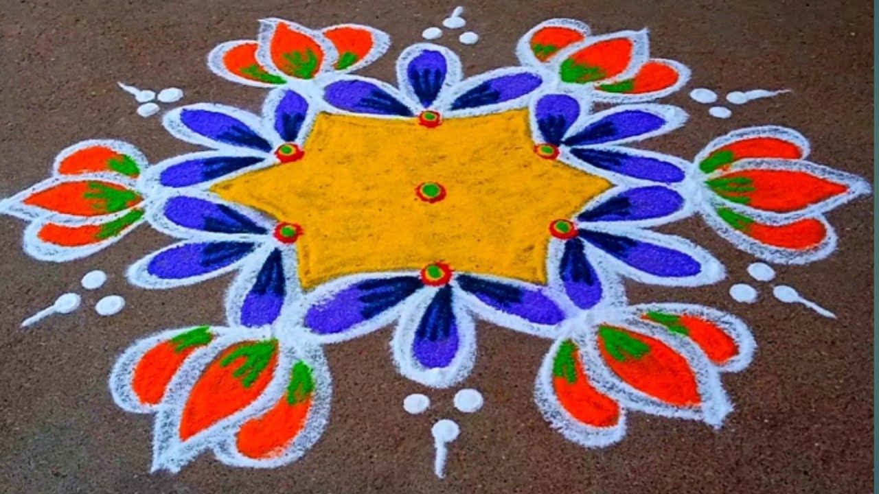 Thamarai colour kolam | 5*3 dots beautiful flower kolam | thamara poo ...