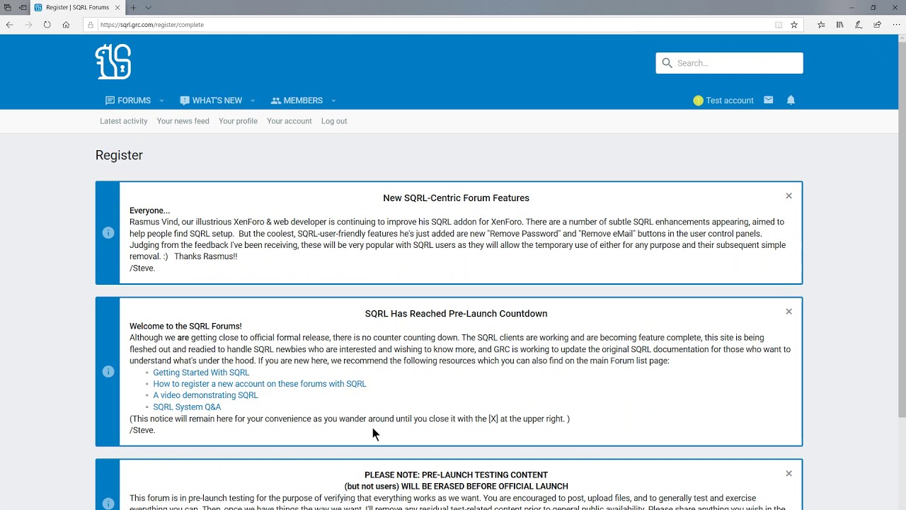 SQRL Demo logging in and creating a new account - YouTube
