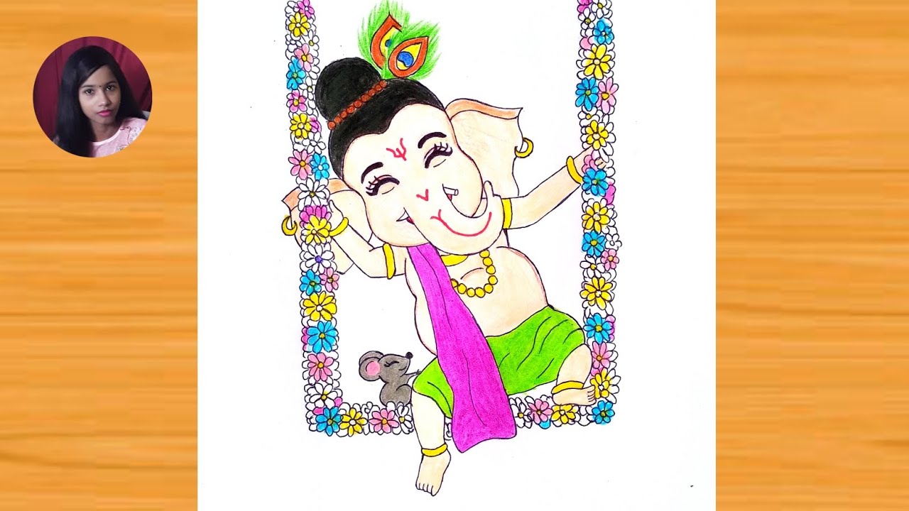How to draw cute bal ganesh on a swing || Bal ganesh drawing || Ganesh ...