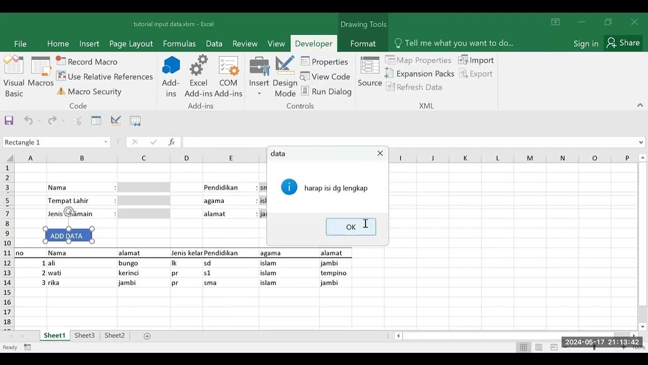 Cara mengaktifkan tmbol add data atau simpan data pada excel macro - YouTube