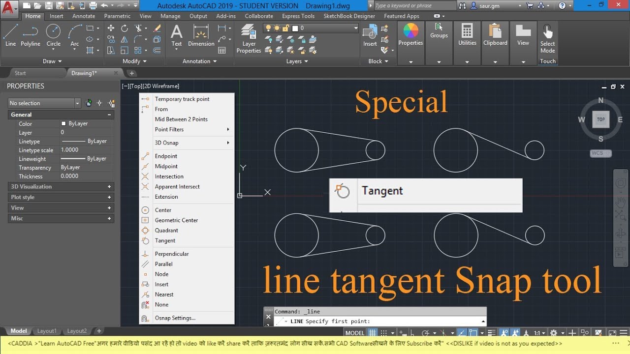autocad2019 [43]special line tangent snap (shift + right click ) - YouTube