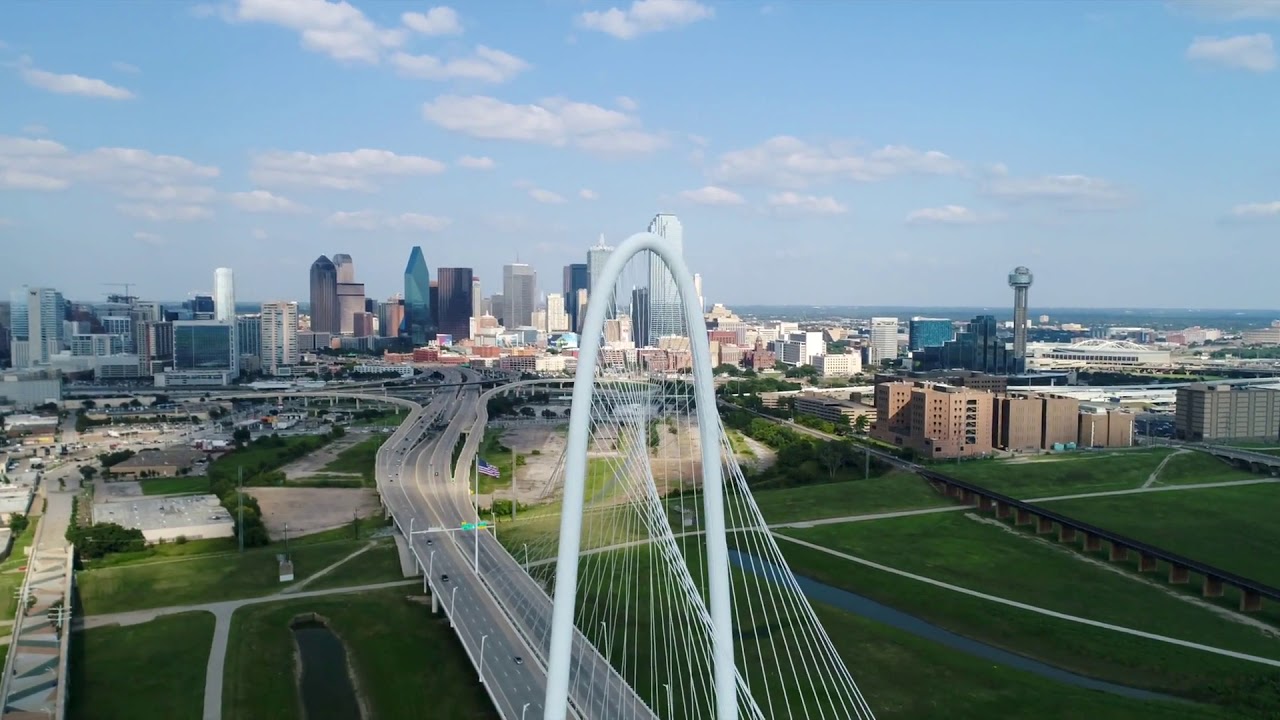 aerial of the margaret hunt hill bridge dallas texas - YouTube