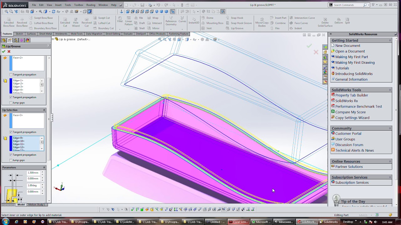 Solidworks 36 P complex lip & groove - YouTube