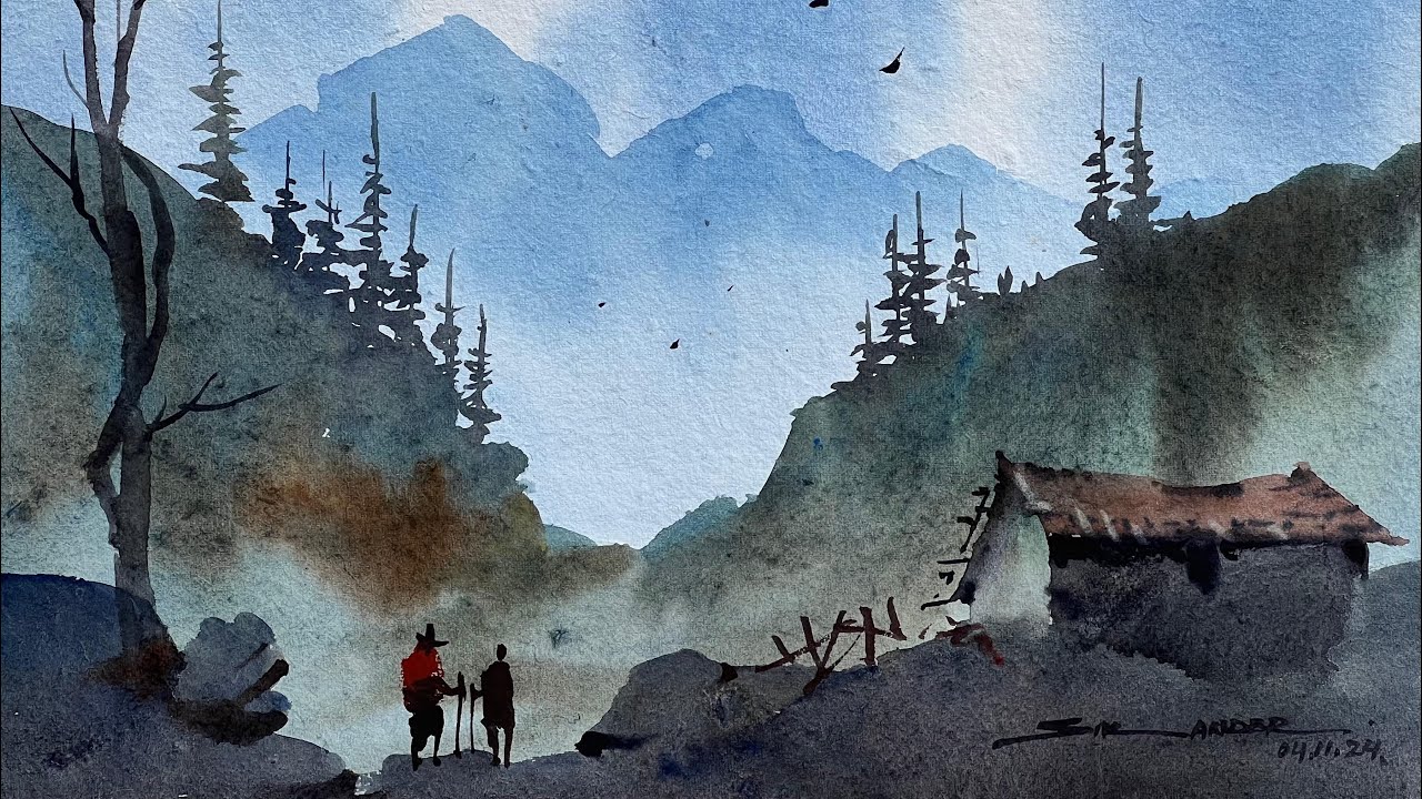 Basic watercolor landscape painting for beginners - YouTube