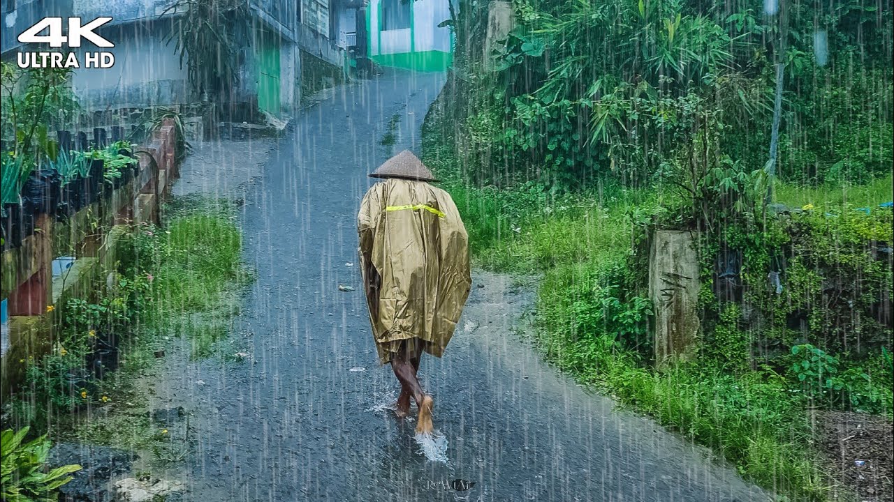 Walk in a green and beautiful village during heavy rain, heavy rain ...