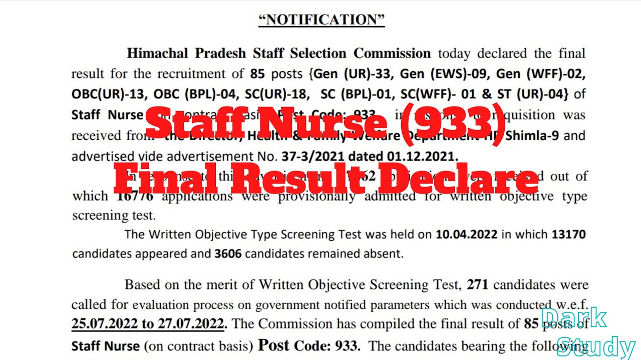 ||HPSSC Staff Nurse Post Code (933) Final Result Declare|| Job ...