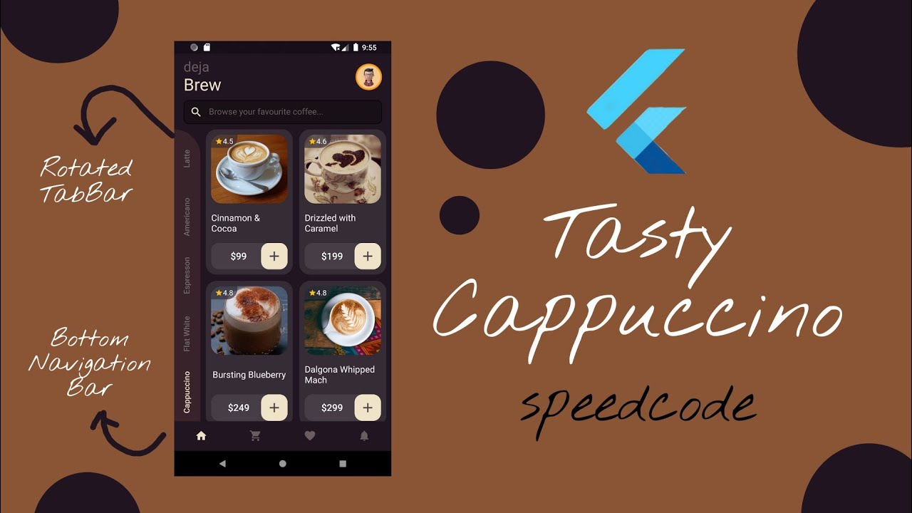Flutter UI Design | Tasty Cappuccino Ui design | Rotated TabBar, Bottom navigation bar. - YouTube