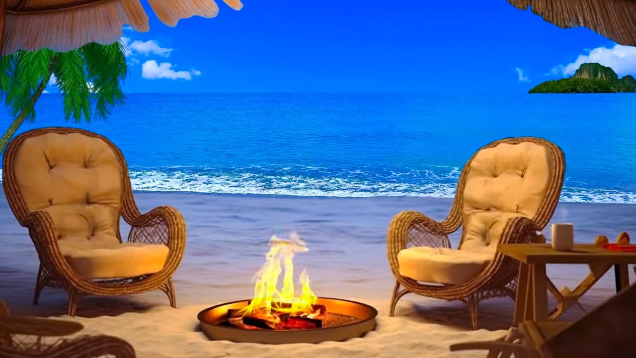 Tropical Beach Ambience🌊3 Hours of Peaceful Ocean Waves & Fireplace (4K ...