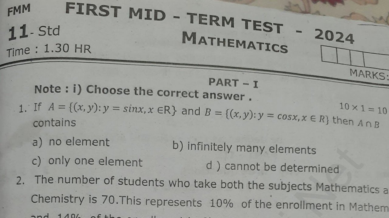 11th Maths first midterm exam original question paper 2024 - YouTube