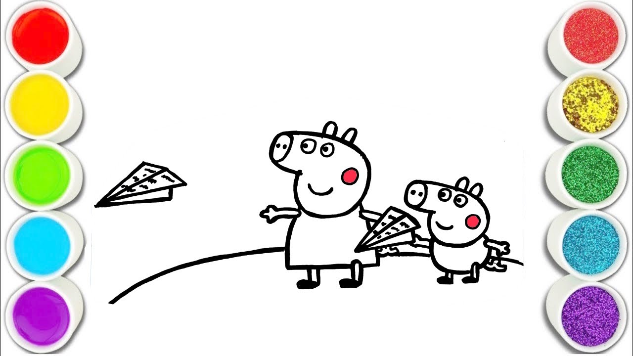 Peppa Pig and George Pig launch paper airplanes Painting and Coloring ...