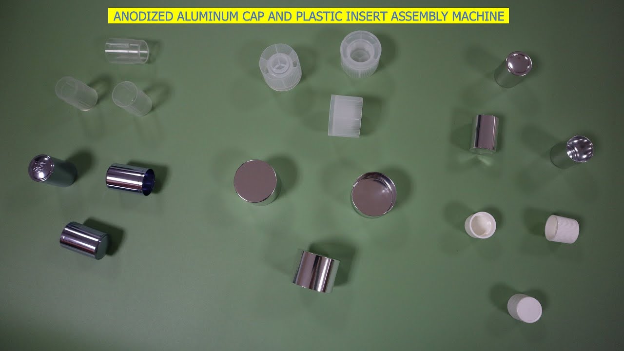 Anodized aluminum cap and plastic insert assembly machine - YouTube