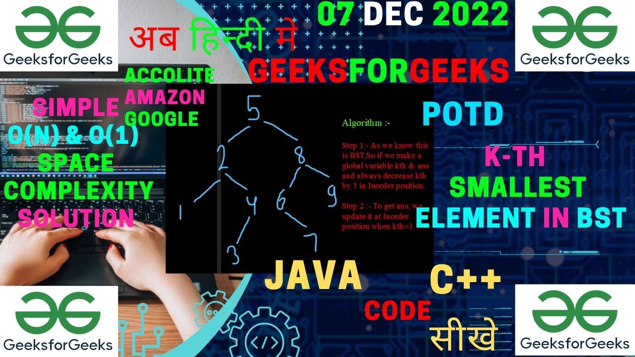 K Th Smallest Element In Bst Dfs Inorder Gfg Potd Java Code C Code Hindi