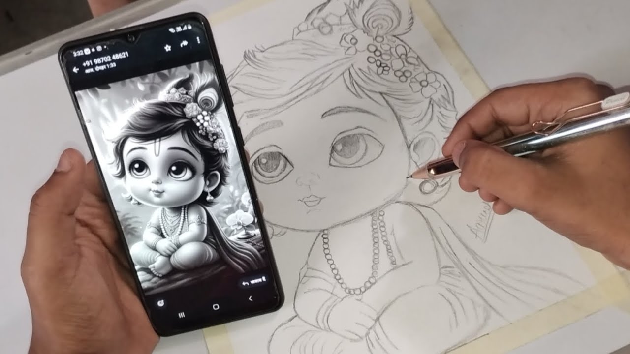 DRAW WITH ME:- KRISHAN DRAWING, JANMASHTAMI DRAWING, STEP BY STEP ...