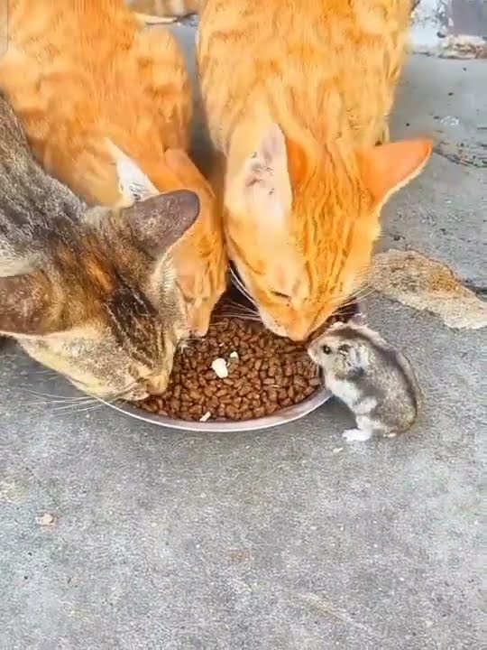 Three Cats and Gerbil all eat together - LOL - 555 #cats #cat #gerbil # ...