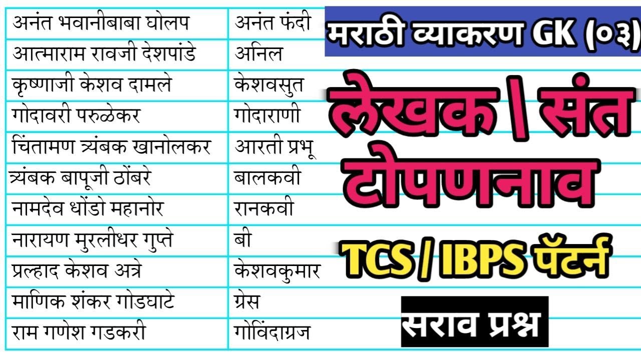 मराठी संत टोपण नावे | मराठी साहित्यिक व टोपण नावे | marathi sahittik ...