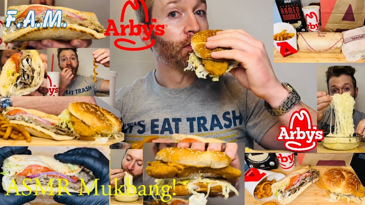 ASMR Mukbang Eating Arby’s Greek Gyro, Fish 'n Cheddar Sandwich, Curly ...