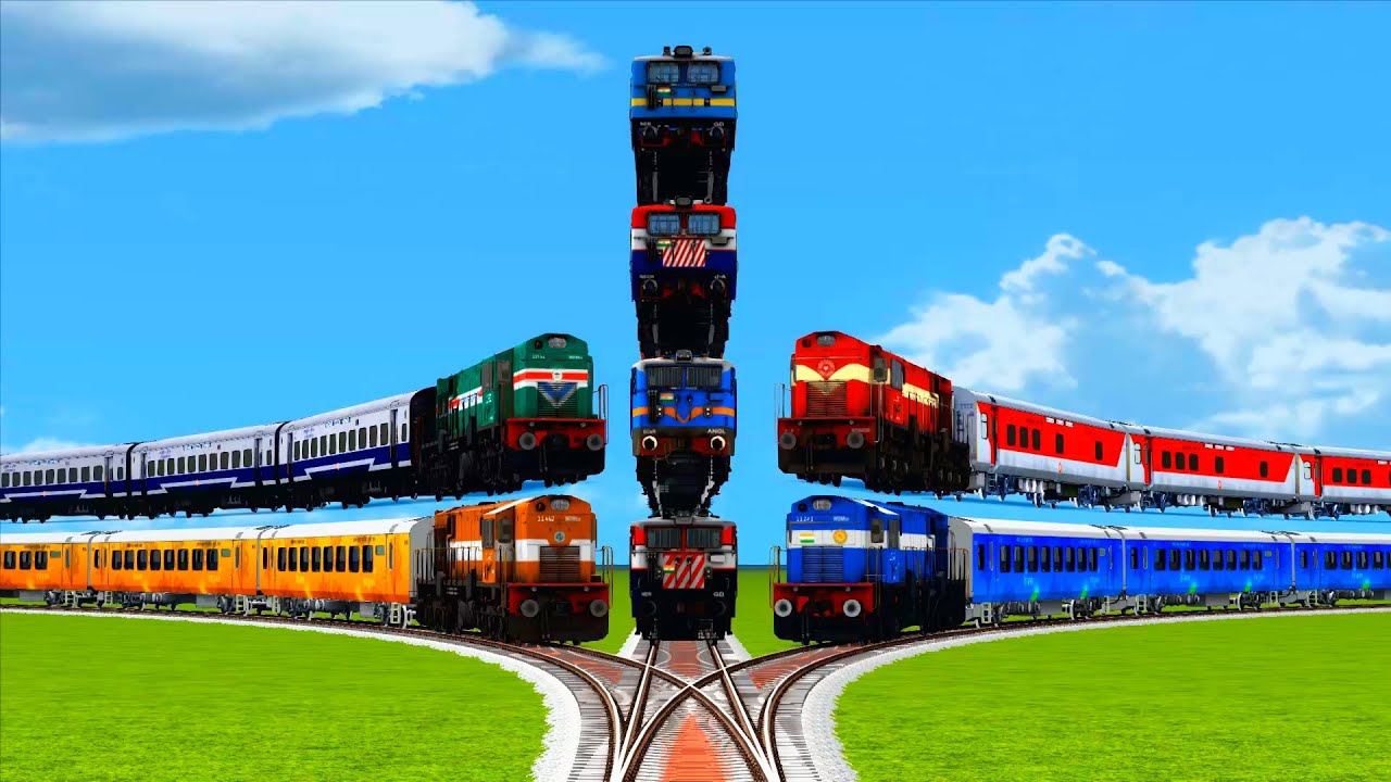 8 Different Trains Crazy Dangerous High Fly Stacking On Bumpy Forked Railroad Track🚦Train ...