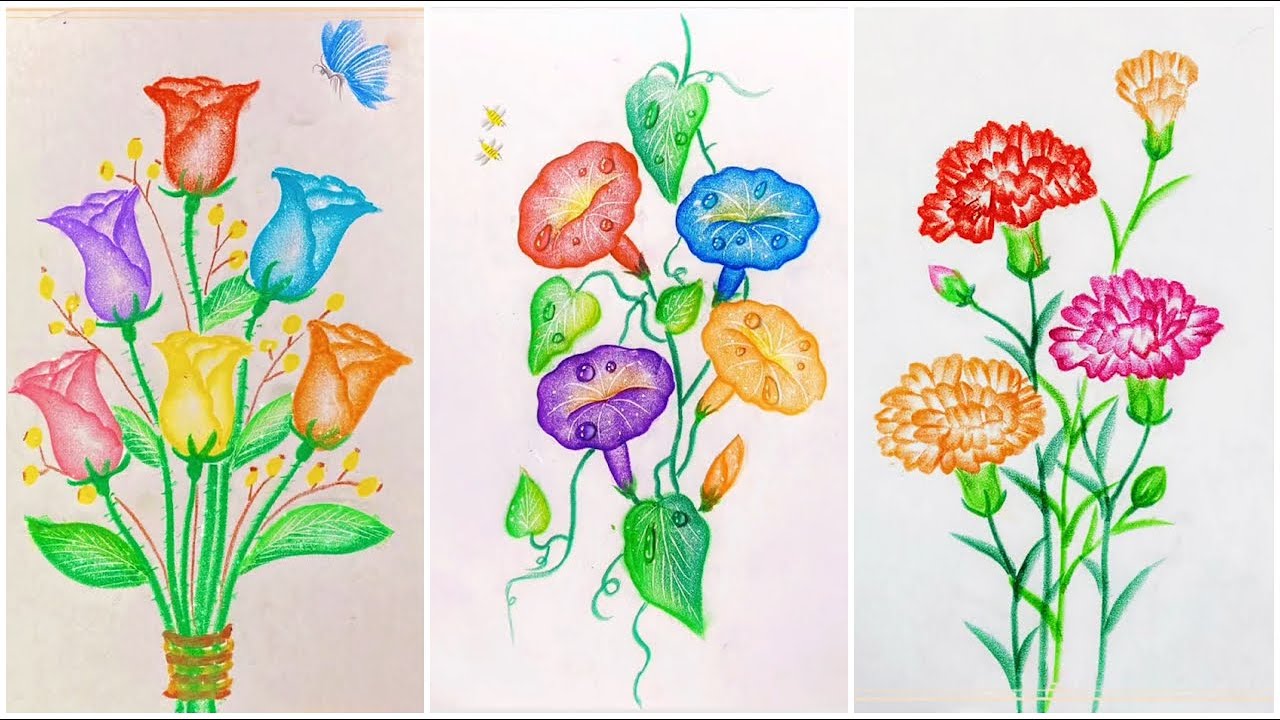 Colorful Crayon Art Drawing Brinjal, Flower Blooms, and Morning Glory ...