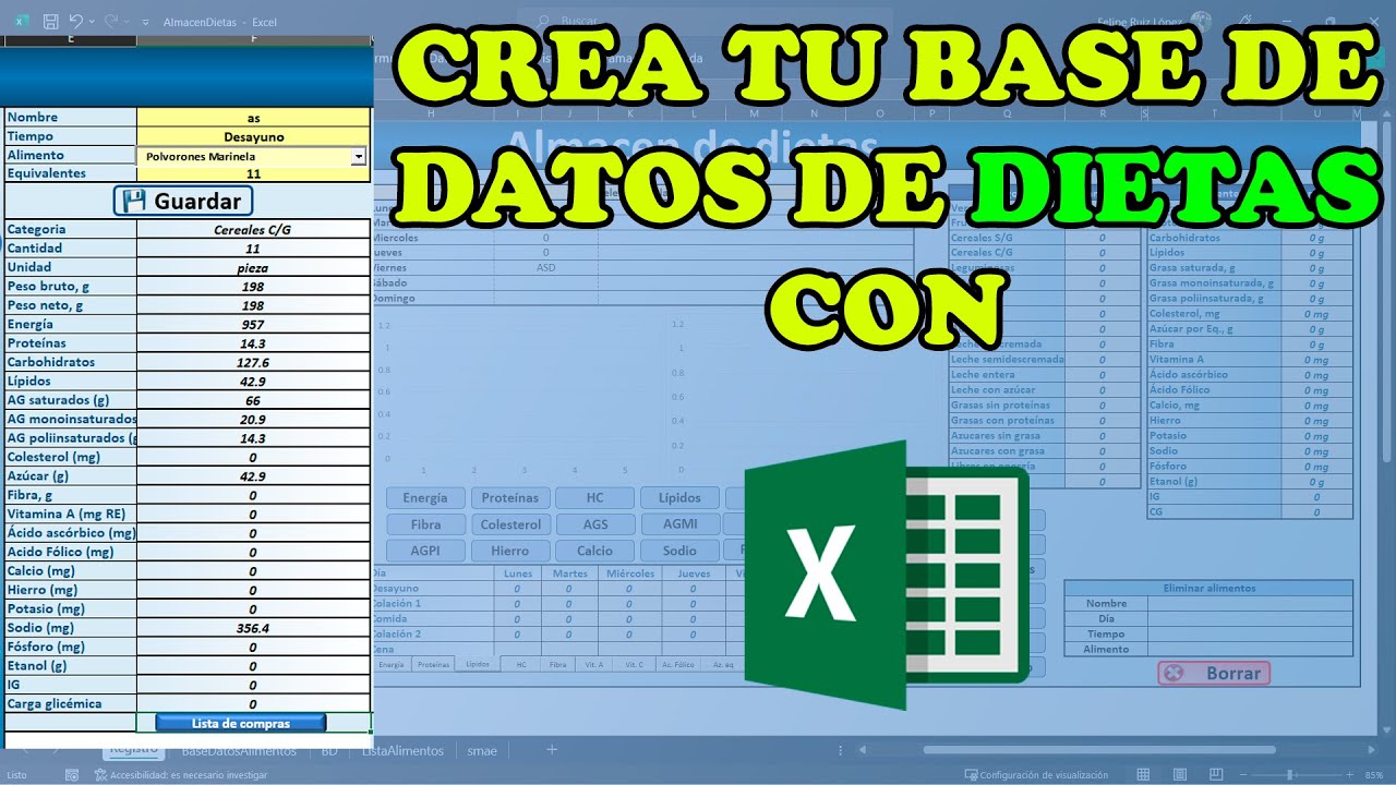 Crea tu base de datos de DIETAS con EXCEL | Registro de alimentos y ...