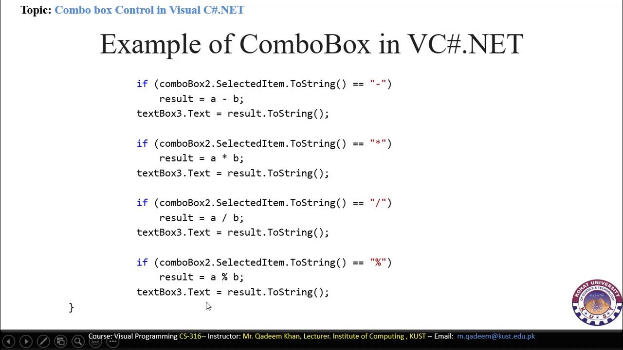 FACULTY051 CS361 KUST20201 L14 V1 Visual Programming Combo Box Control in VC# NET - YouTube