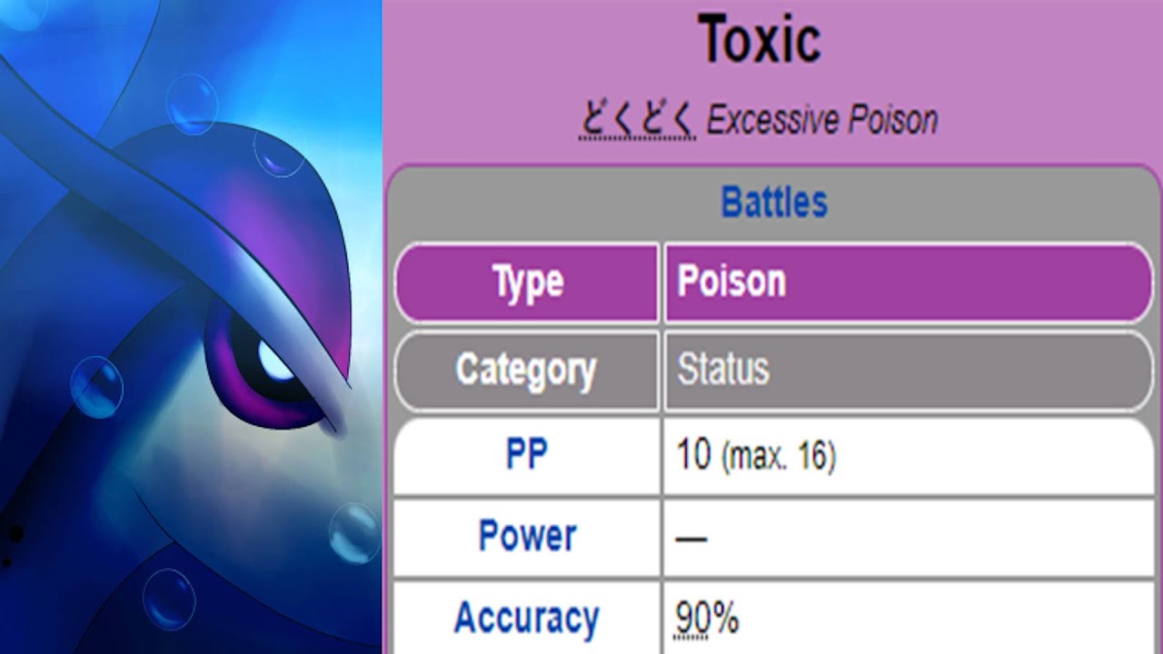 Toxic is a non-damaging Poison-type move introduced in Generation I ...