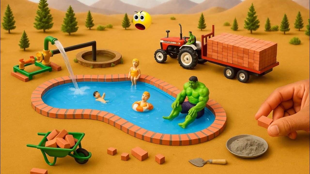 Swimming pool was made from small bricks. and mini tractor science ...