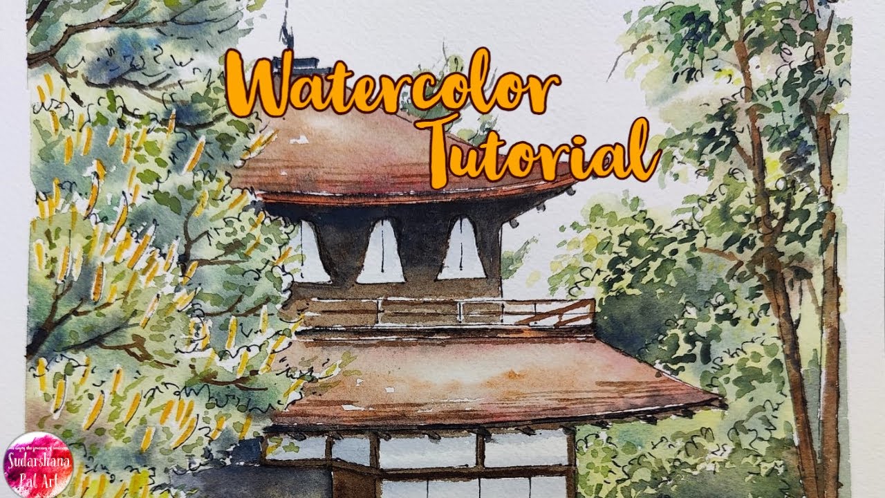 Watercolor painting of Pagoda temple with reflections in line & wash ...