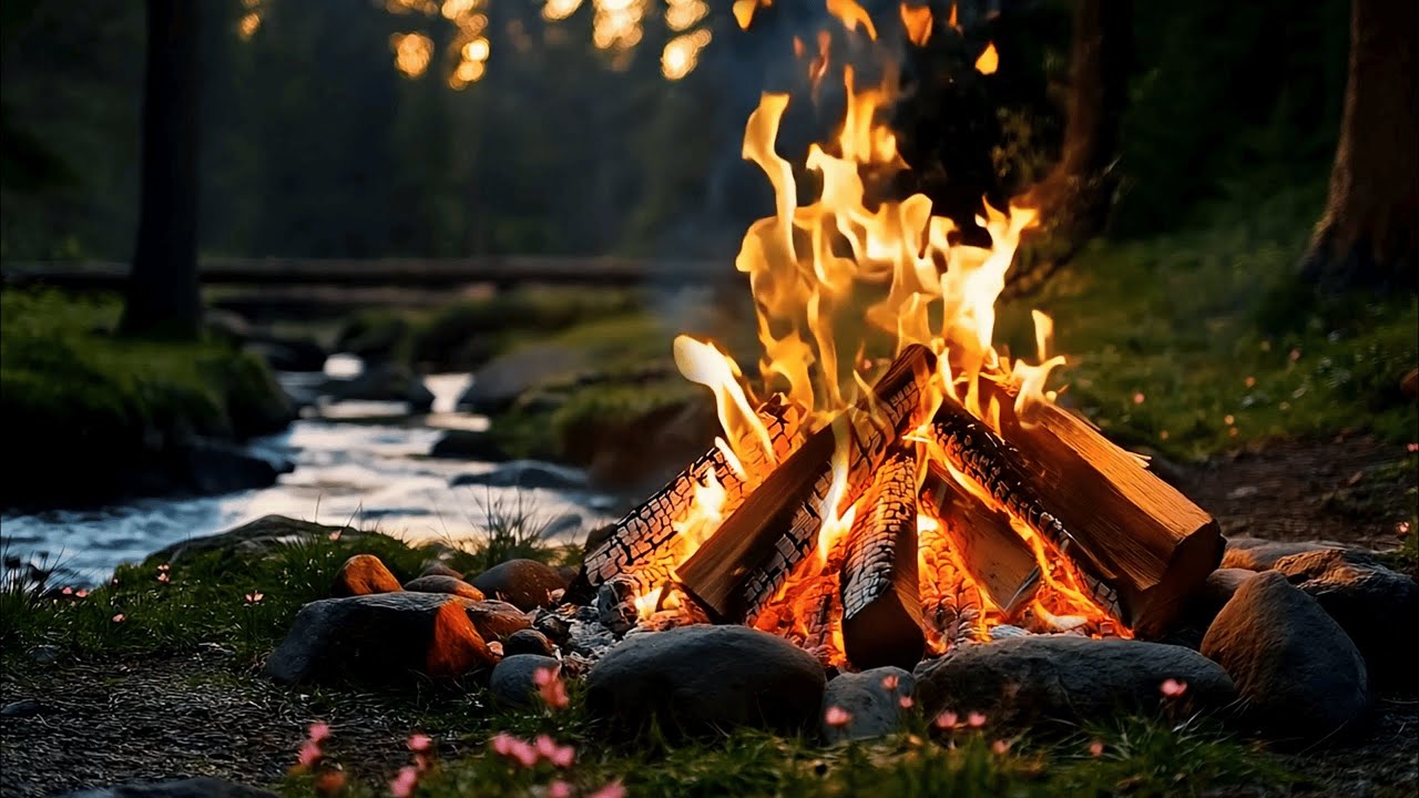 Spring Ambience with Campfire & Forest Stream 🔥🌿 | Relaxing ASMR Sounds ...