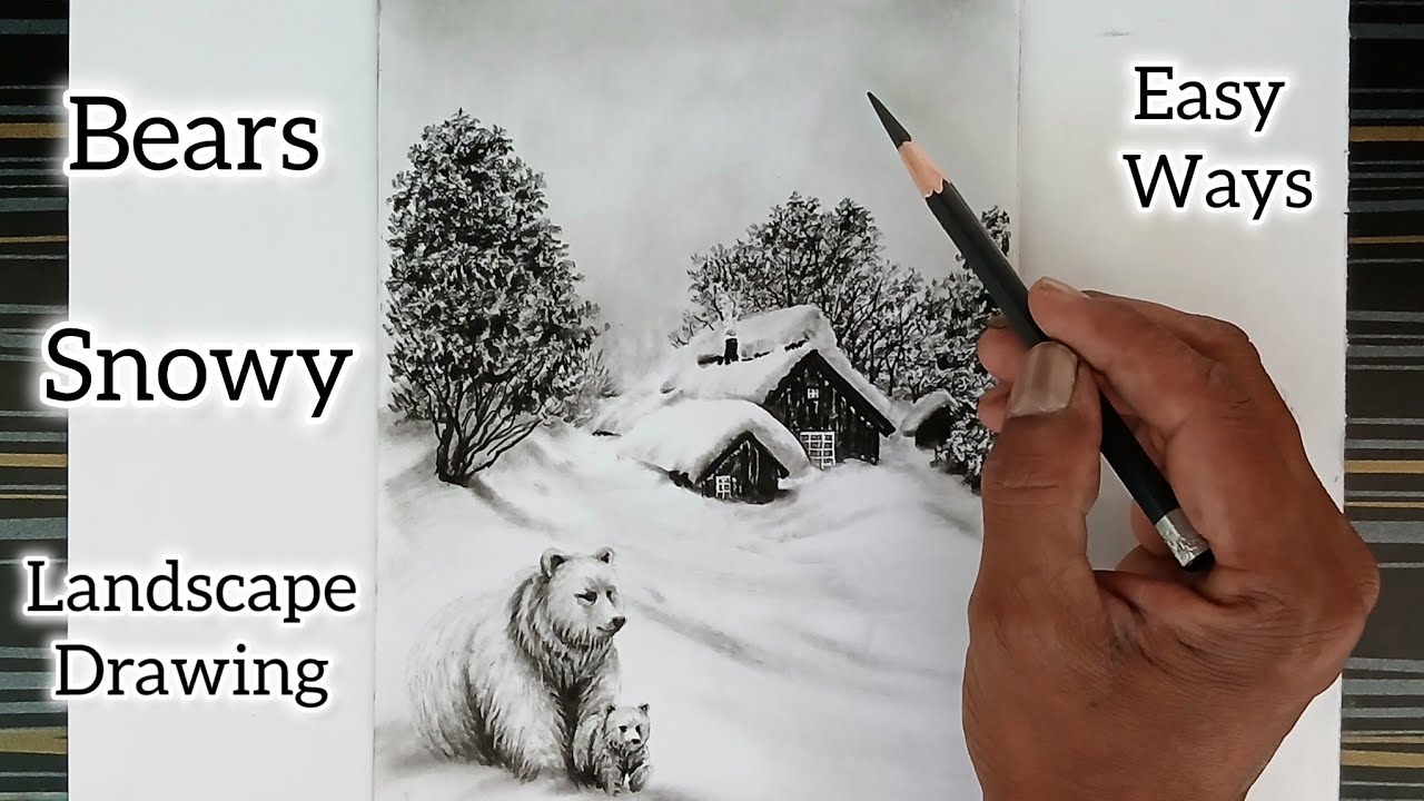 The bears family with winter snowy landscape scenery drawing by pencil ...