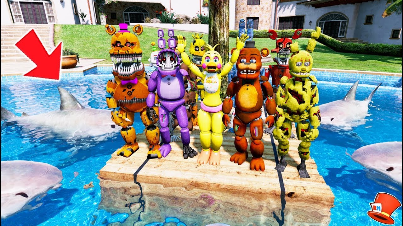 ANIMATRONICS IN A POOL OF SHARKS PRANK! (GTA 5 Mods FNAF RedHatter ...