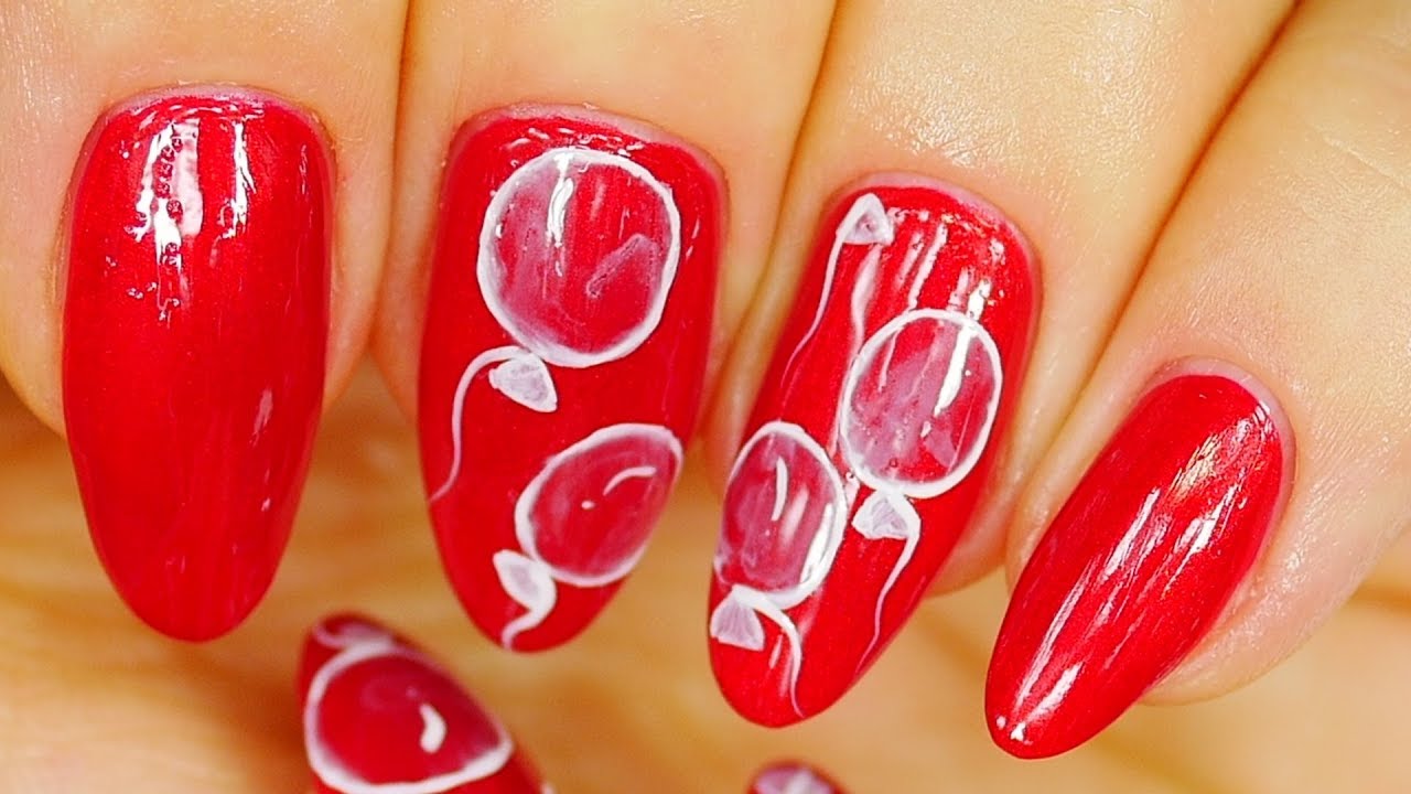 Nail Art. White Balloons!!! Red Design!!! - YouTube
