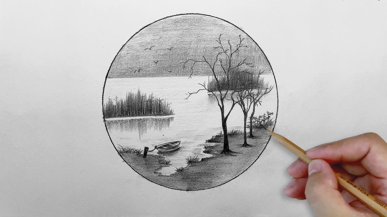 Landscape Sketch | Drawing Lakeside scenery with pencil | Narrated Step ...