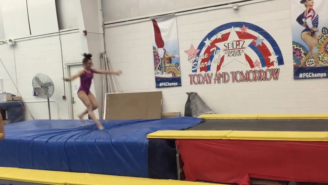 5/23/16 Hannah DeMers Gymnastics Training double layout on tumble track ...