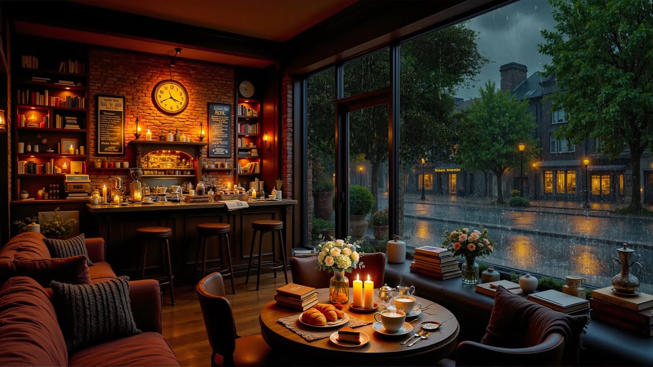 Relaxing Jazz Music in Cozy Library Coffee Shop 🌧️ Gentle Jazz Piano ...