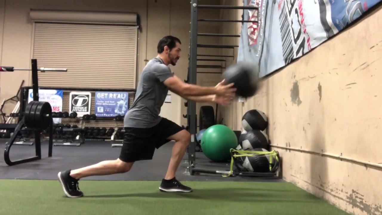 Medicine Ball Split Stance Chest Throw - YouTube