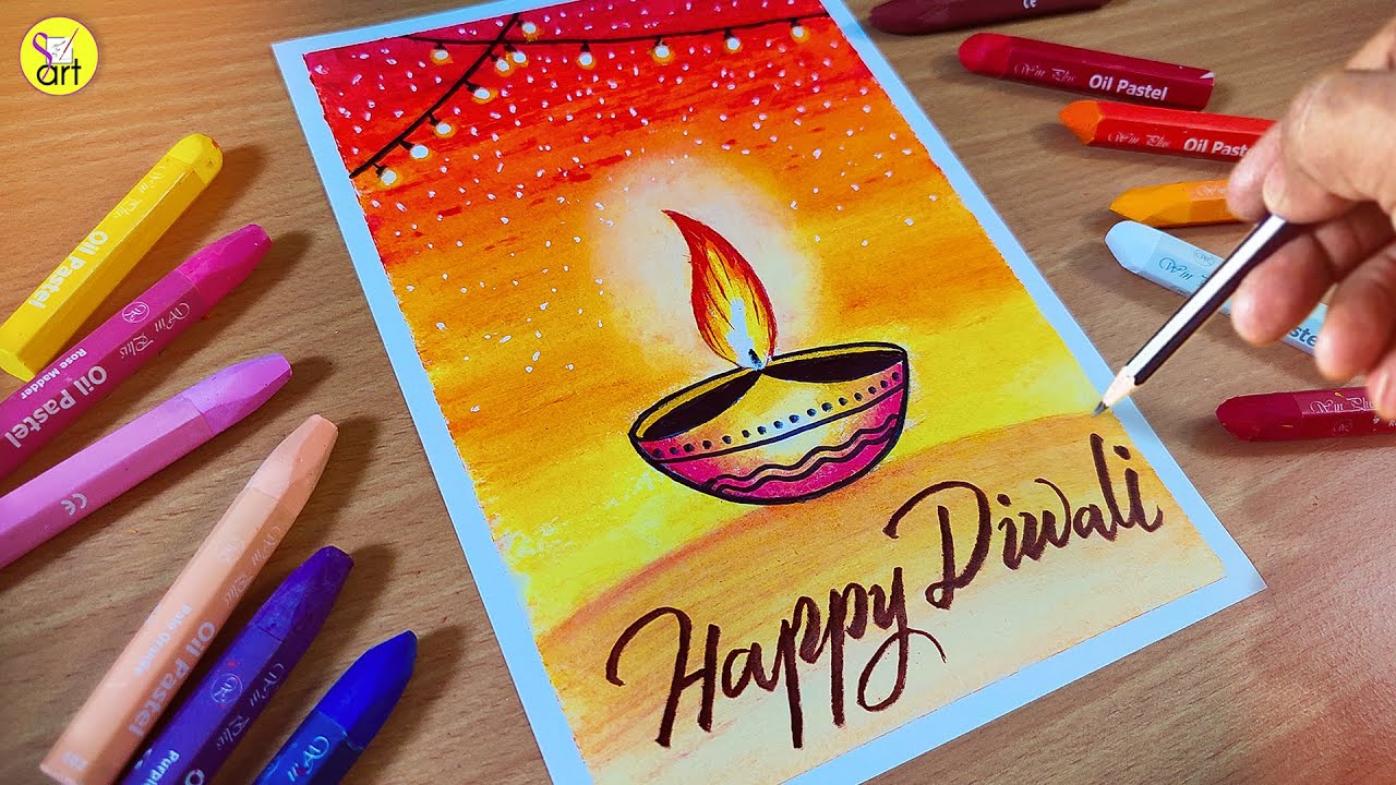 Happy Diwali drawing | Oil Pastel Diwali drawing | step by step easy ...