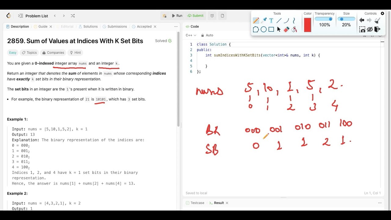 Sum Of Values At Indices With K Set Bits Leetcode 2859 Cpp Youtube 9904