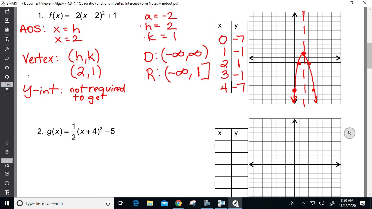 Alg2H - 4.3/4.7 Quadratic Functions in Vertex/Intercept Form - YouTube