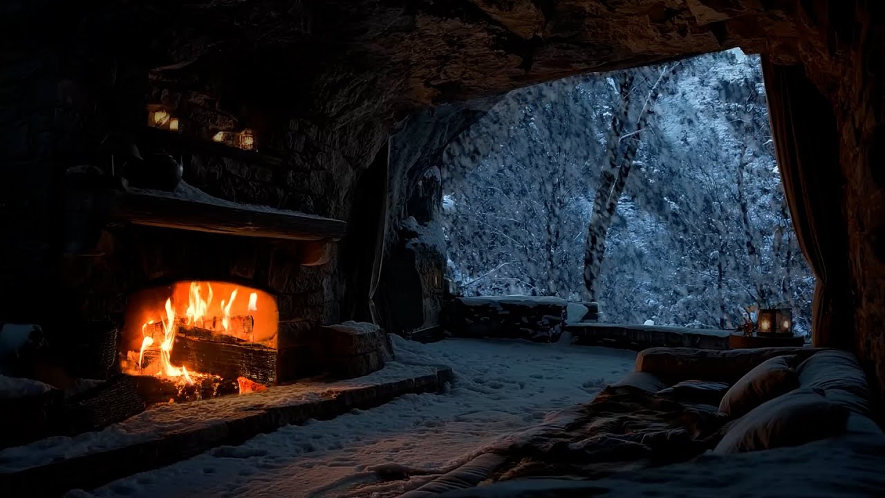Warm Cave Ambience with Fireplace | Cozy Cave Storm | Whirling Wind ...