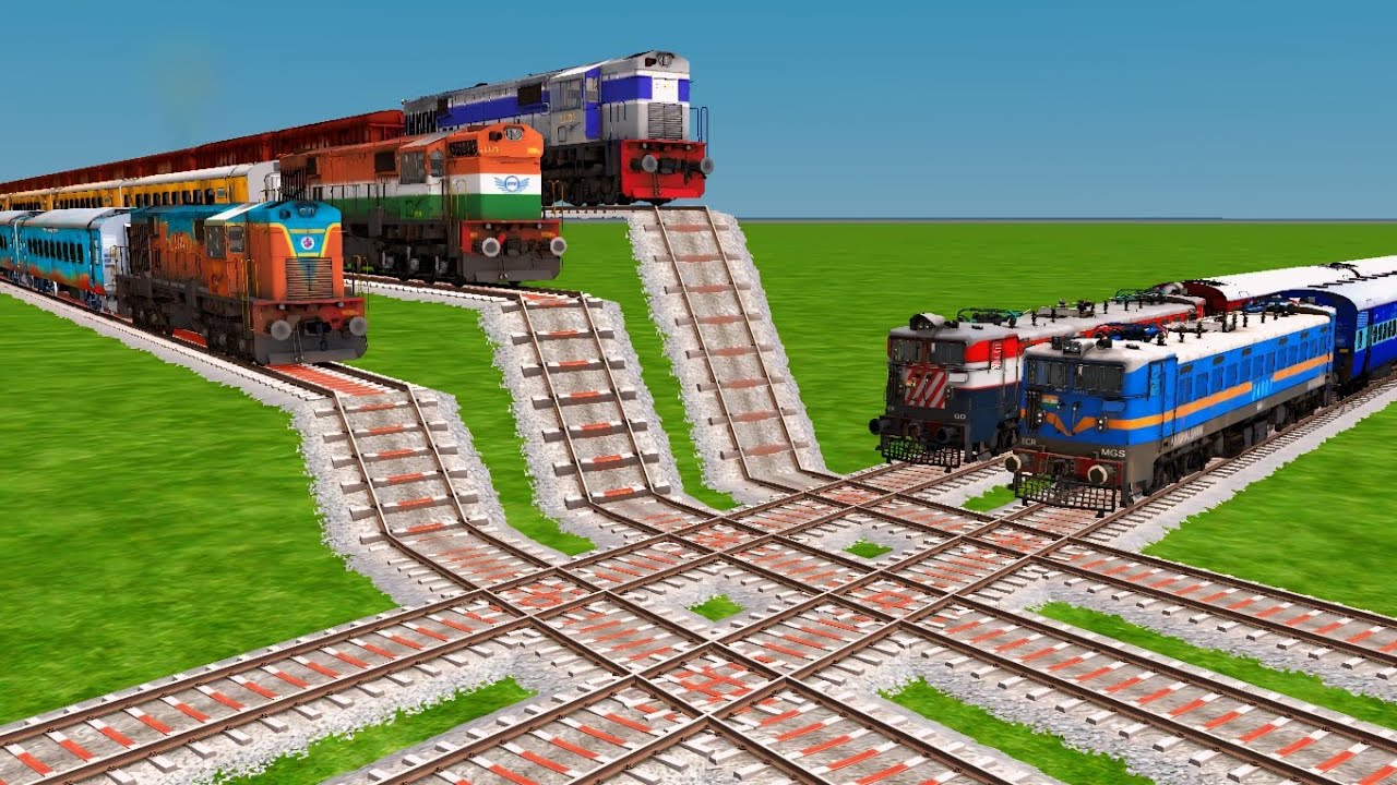 5 AI Trains Crossing At Crazy Jump On Top Flying Railraod Tracks # ...
